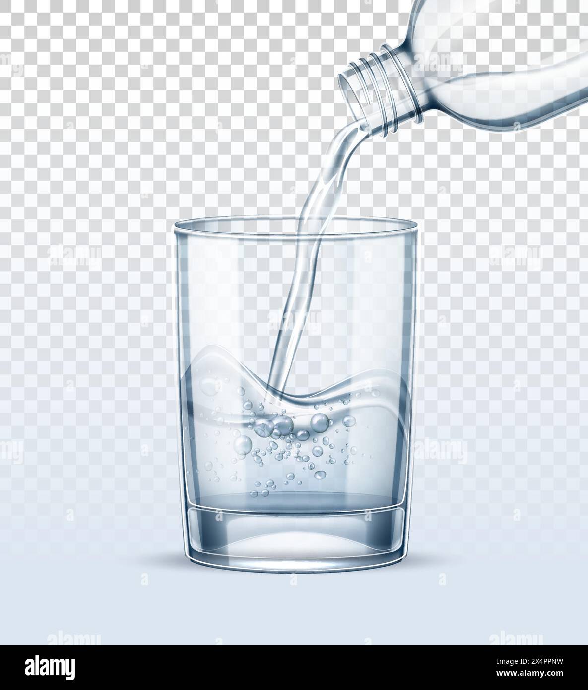 Water pouring into realistic glass cup from plastic bottle on ...