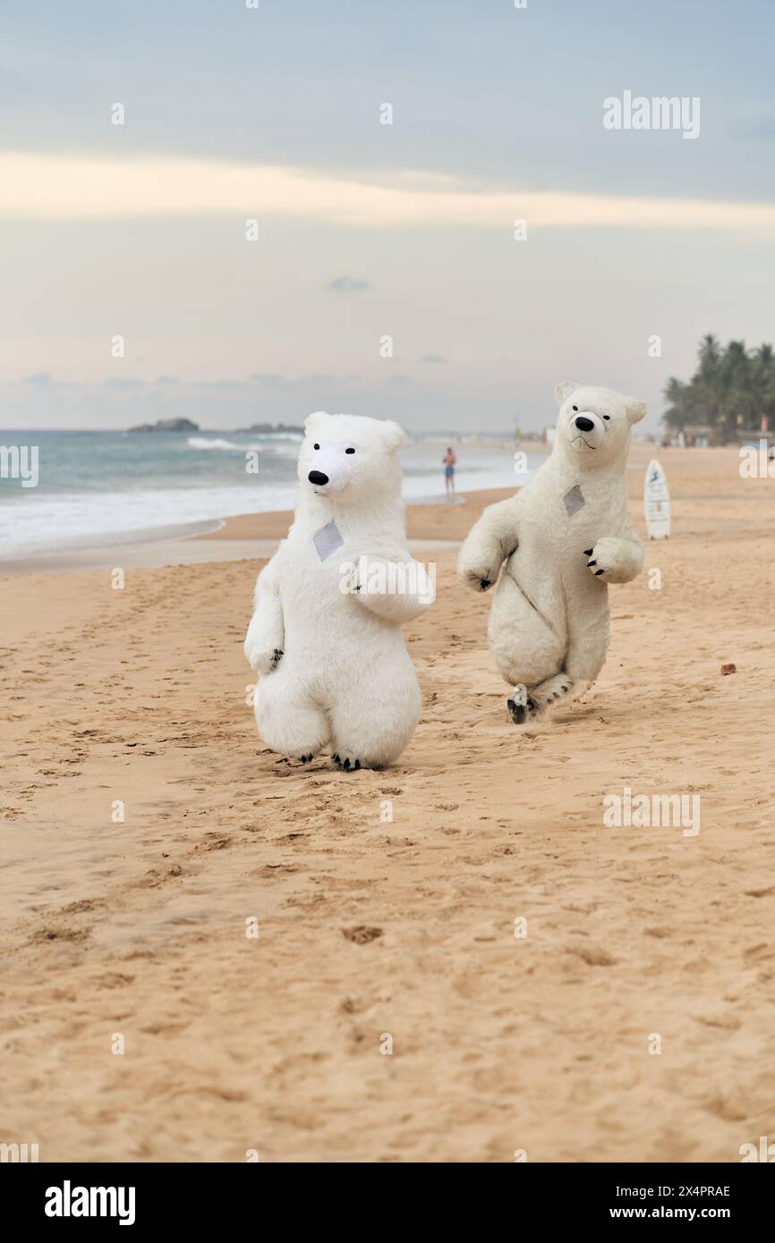 Animators dressed as polar bears entertain people on the beach Stock ...