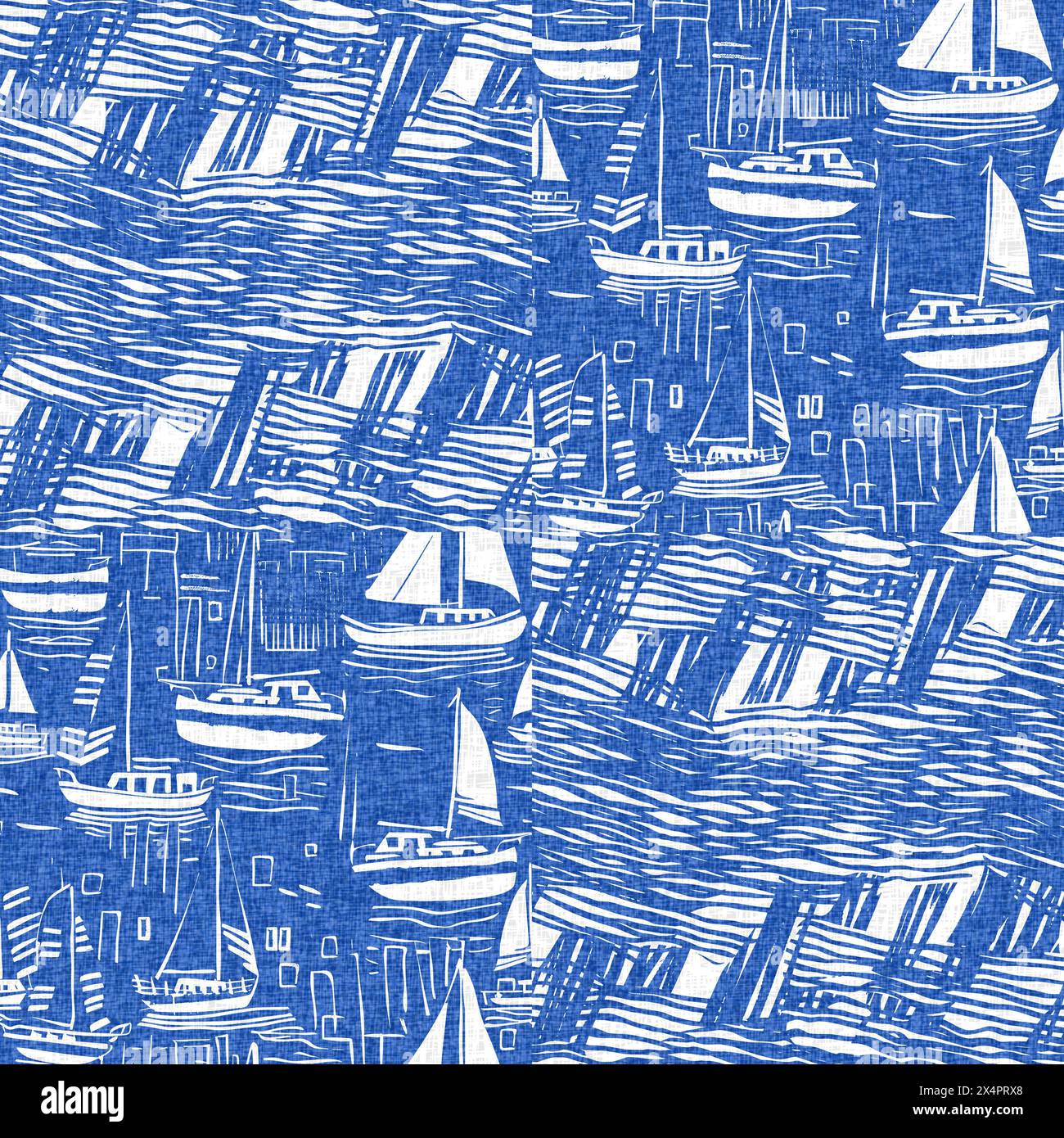 Coastal summer patchwork sail boat in azure ocean blue seamless ...