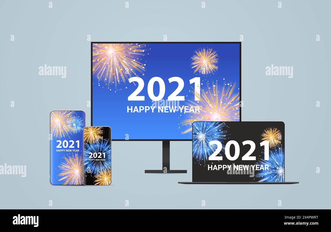 christmas fireworks on digital devices screens happy new year holidays ...
