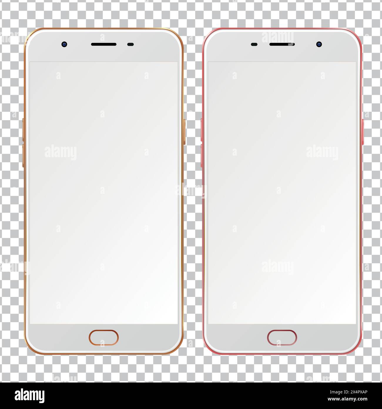 Realistic gold and rose smart phones with blank screenes on transparent ...