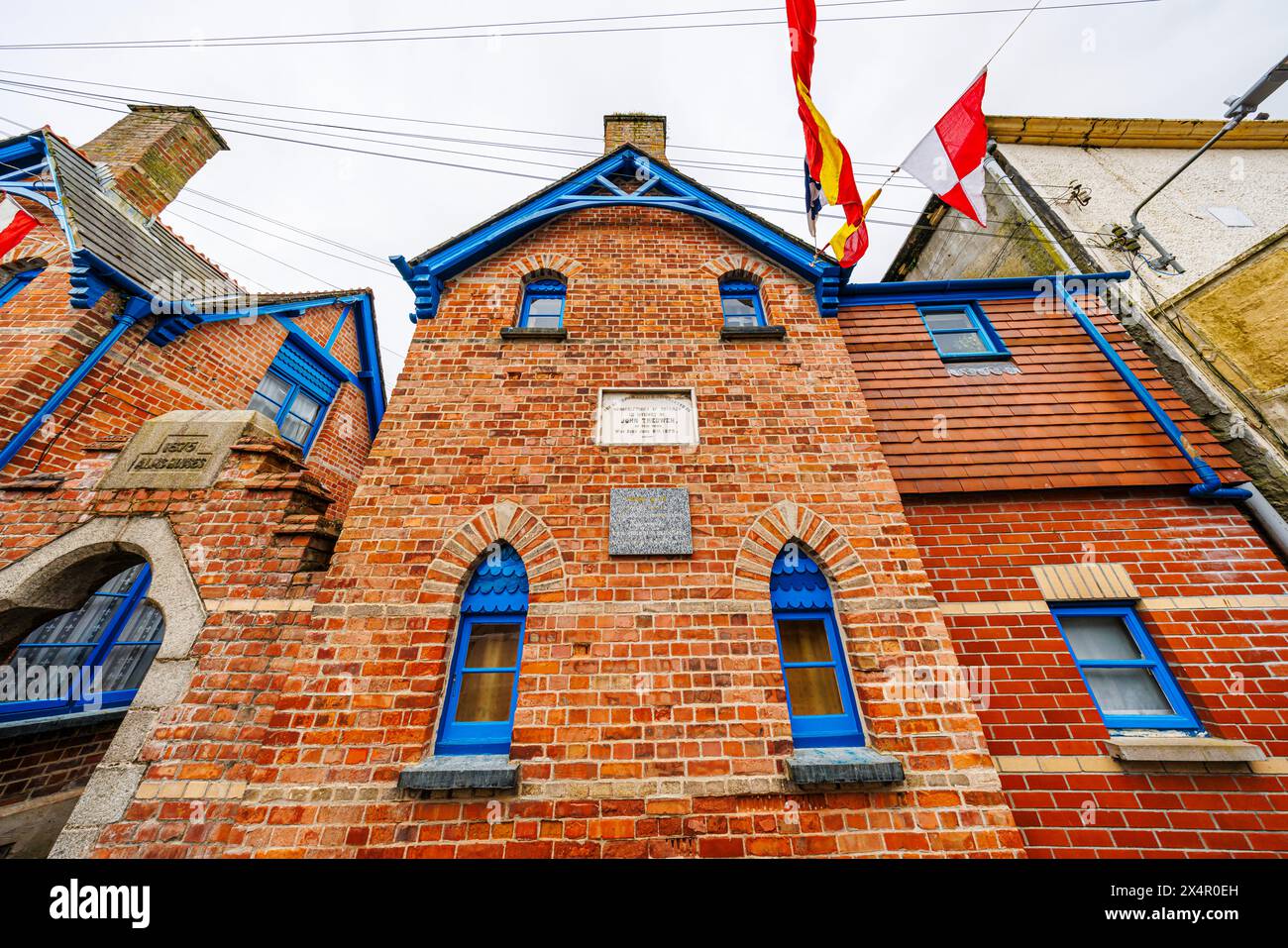 The historic Victorian Tredwen Court almshouses (1875) in Padstow, a ...