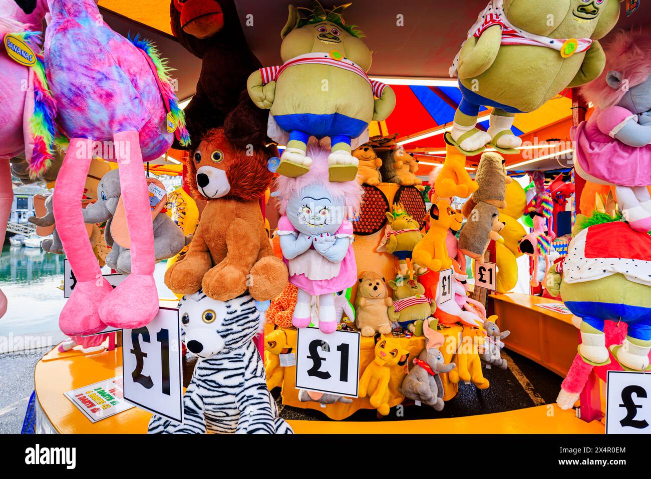Cuddly toy prizes at a funfair during the 'Obby 'Oss festival, an ...