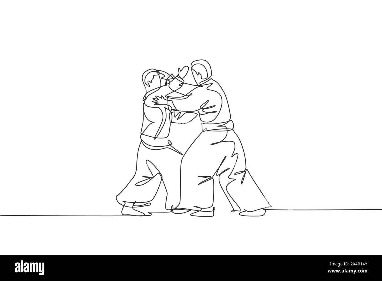 Single continuous line drawing of two young sportive man wearing kimono ...