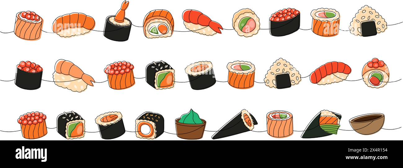 Sushi set. Japanese traditional food one line drawing. Ikura sushi ...