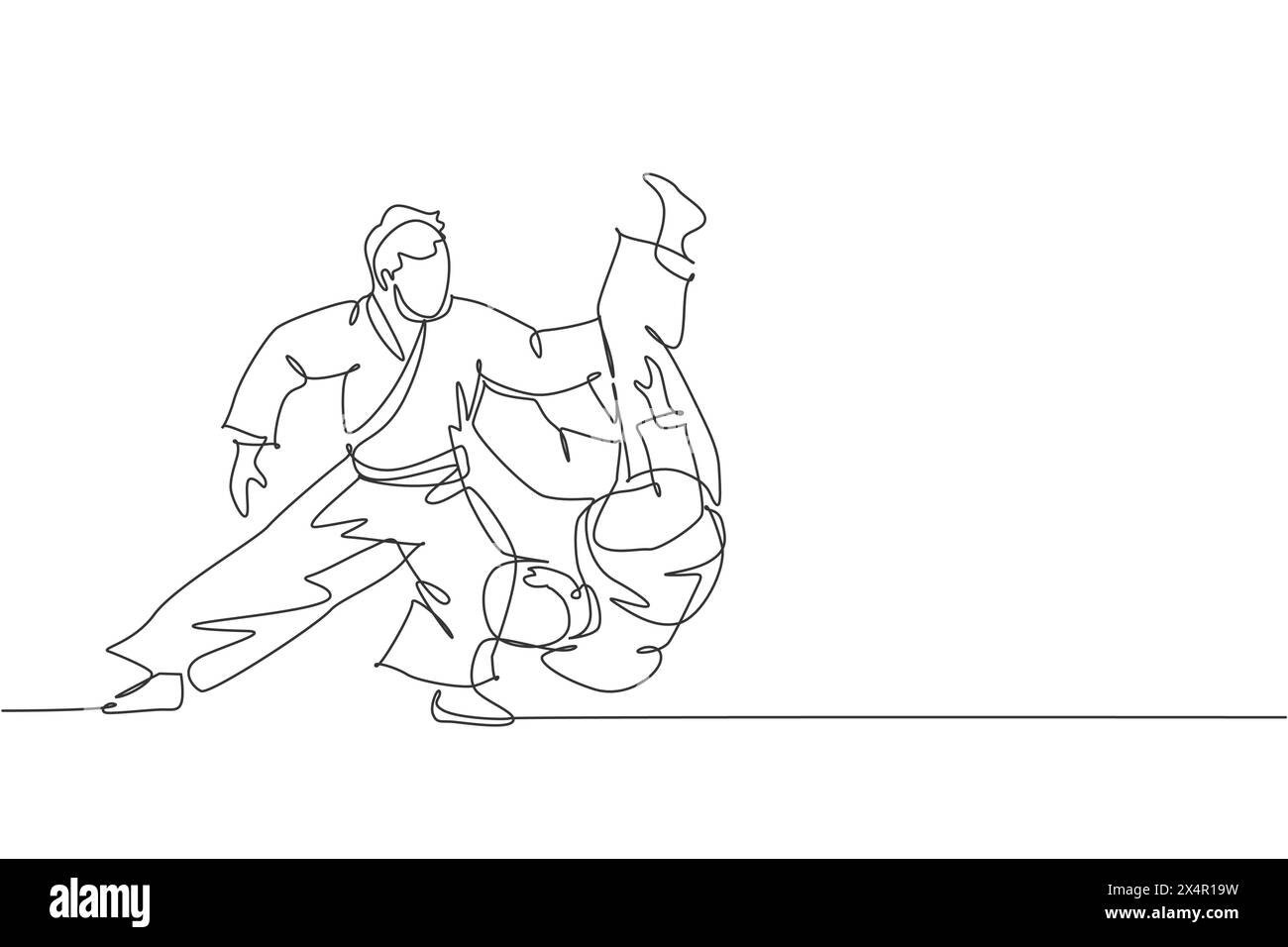 Single continuous line drawing of two young sportive men wearing kimono ...