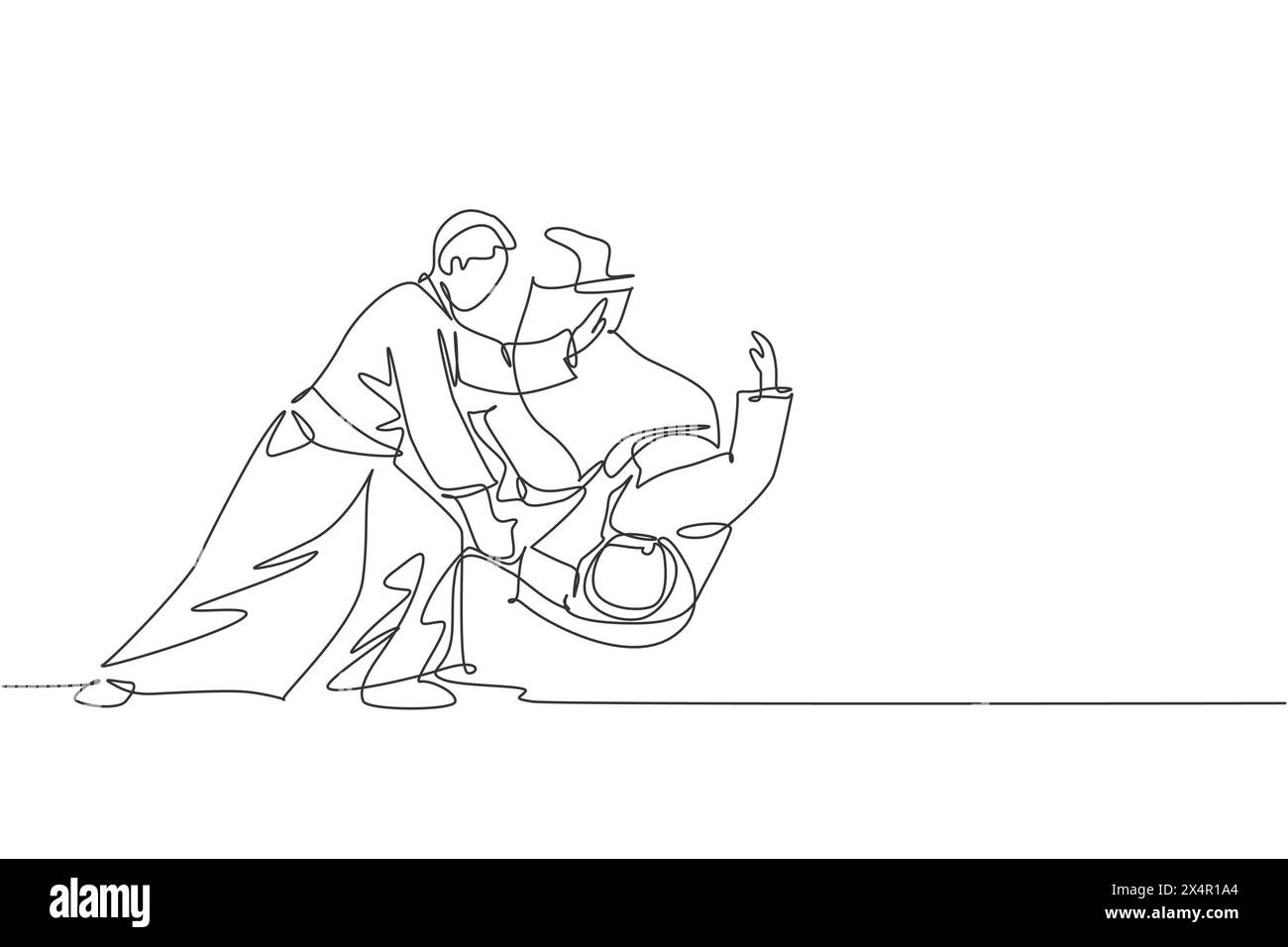 One continuous line drawing of two young man aikido fighter practice ...