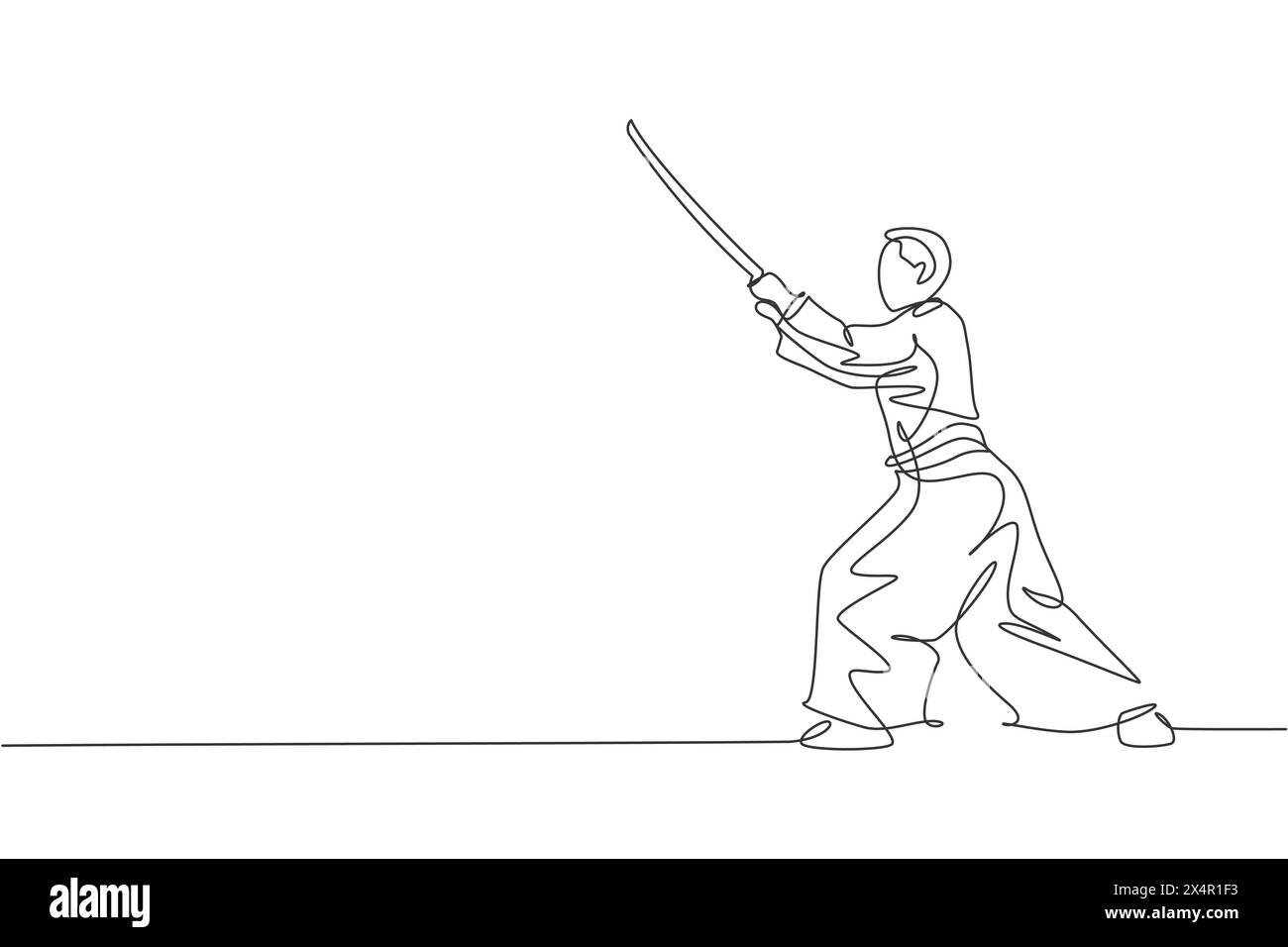 Single continuous line drawing of young sportive man wearing kimono ...