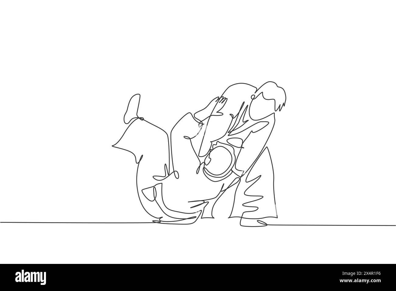 One single line drawing of two young energetic men wearing kimono ...