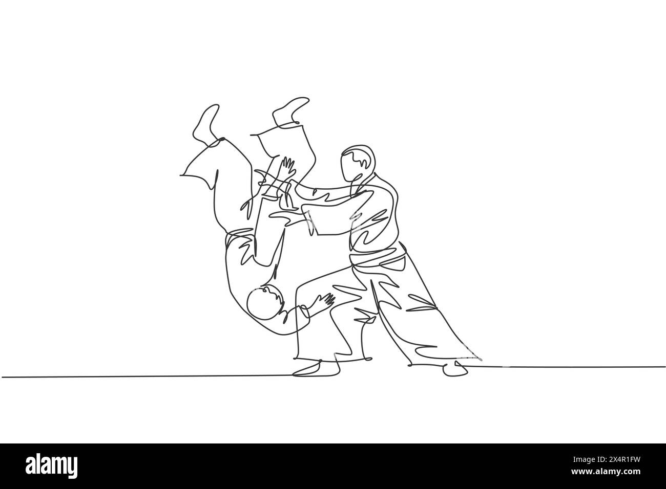 One single line drawing of young energetic man wearing kimono exercise ...