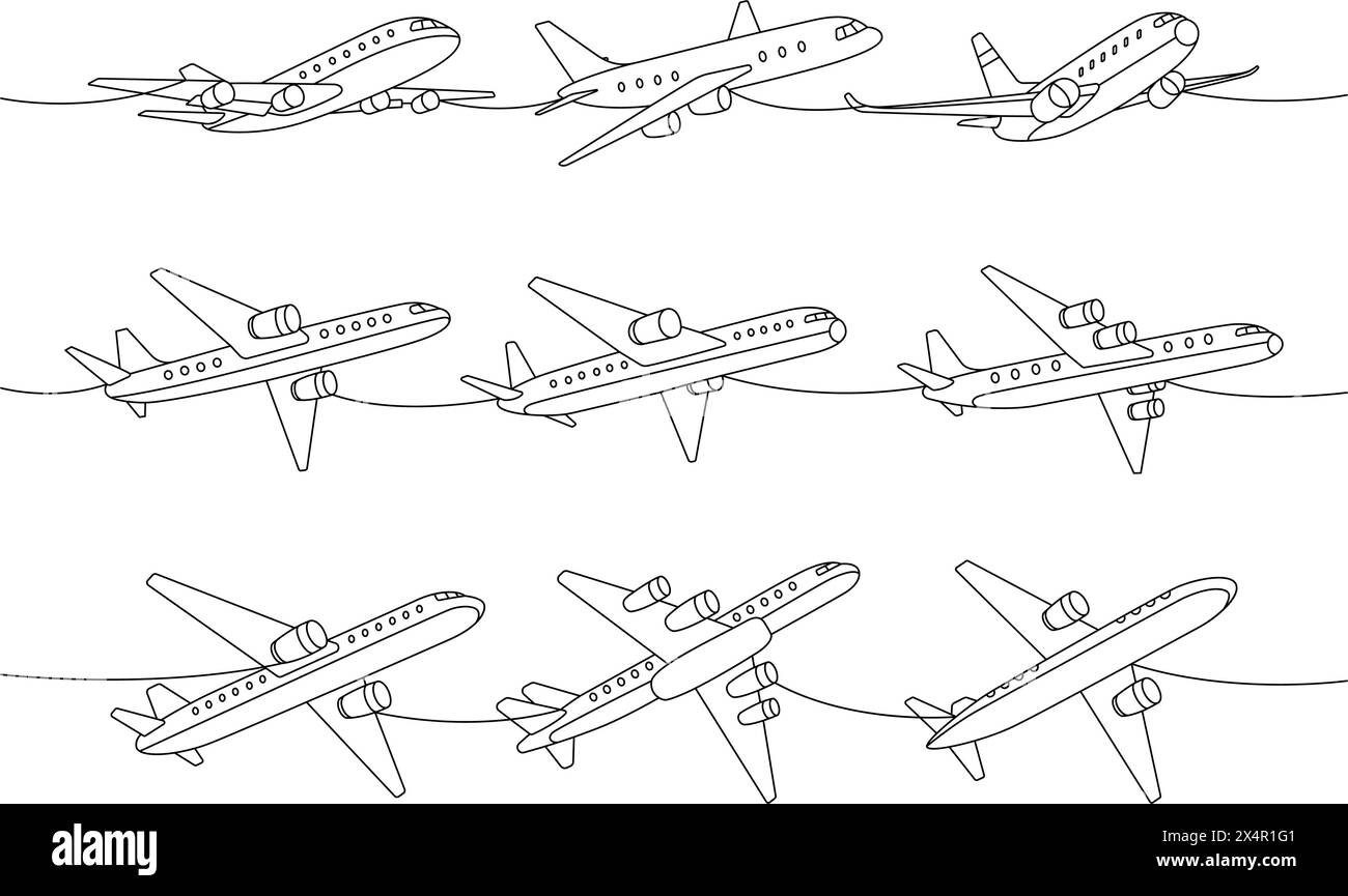 Jet airplane set. Air transport one line continuous drawing. Passenger ...