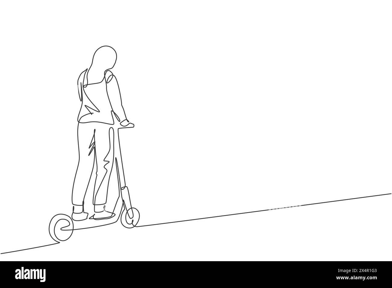 Single continuous line drawing of young happy woman riding electric ...