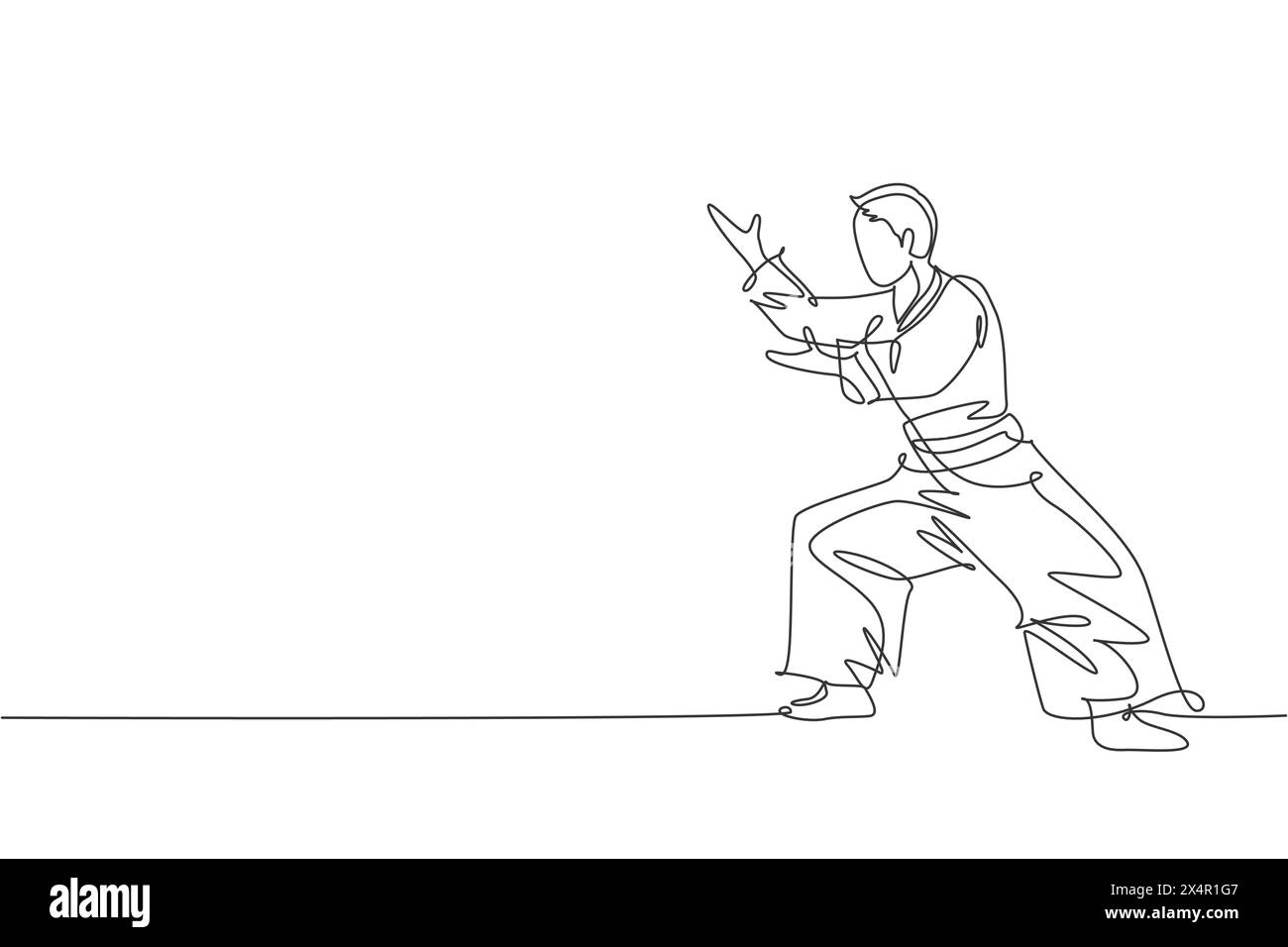 Single continuous line drawing young sportive man wearing kimono ...