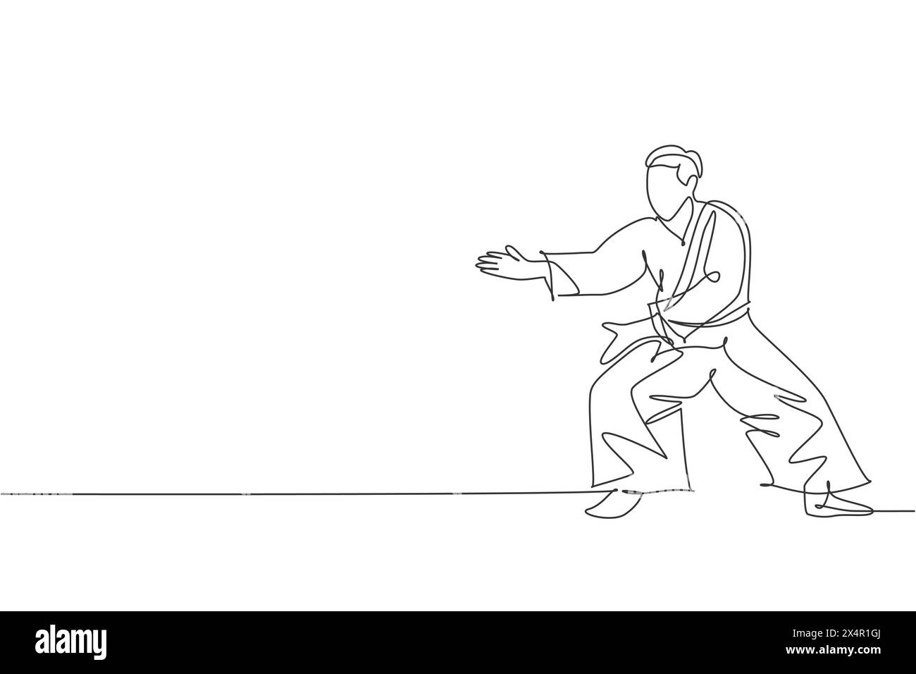 One continuous line drawing of young man aikido fighter practice ...