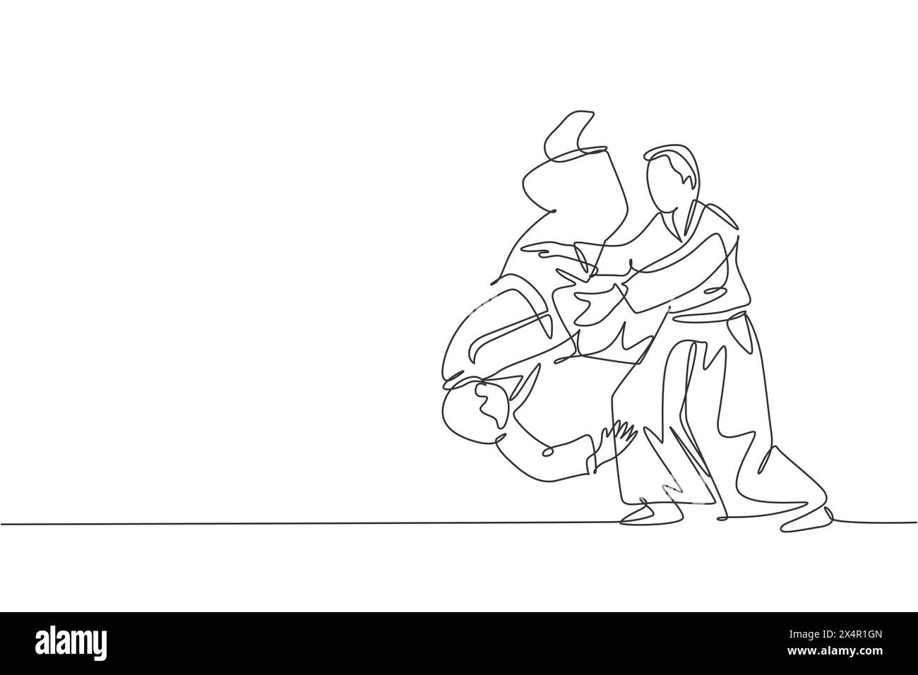 One single line drawing of two young energetic men wearing kimono ...