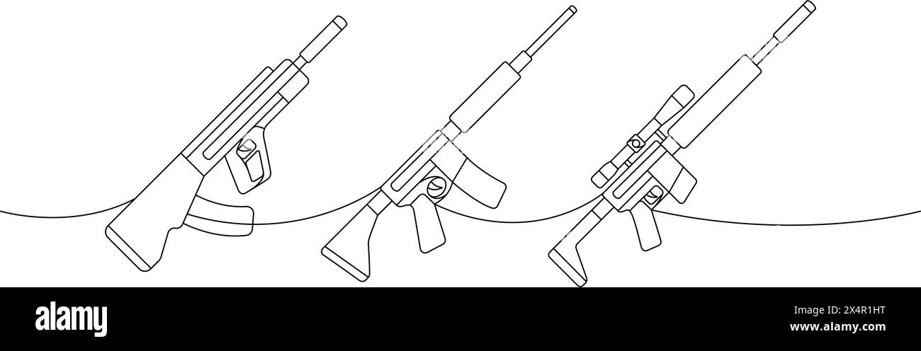 Tactical assault rifles set one line continuous drawing. Various modern ...