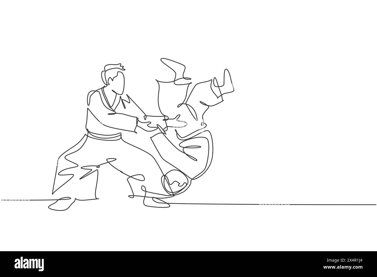 One continuous line drawing of young men aikido fighter practice ...