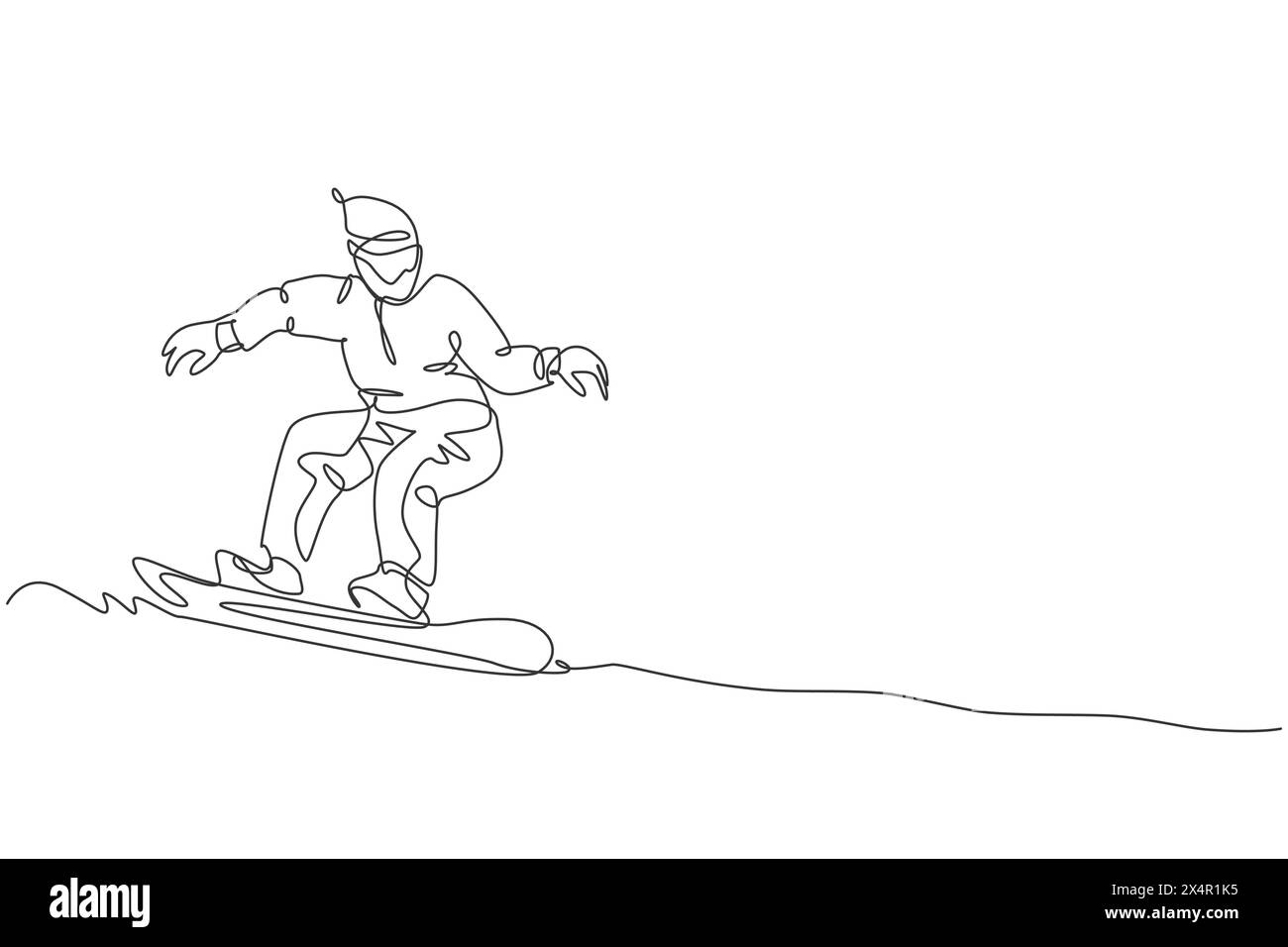 Single continuous line drawing of young sportive snowboarder man riding ...
