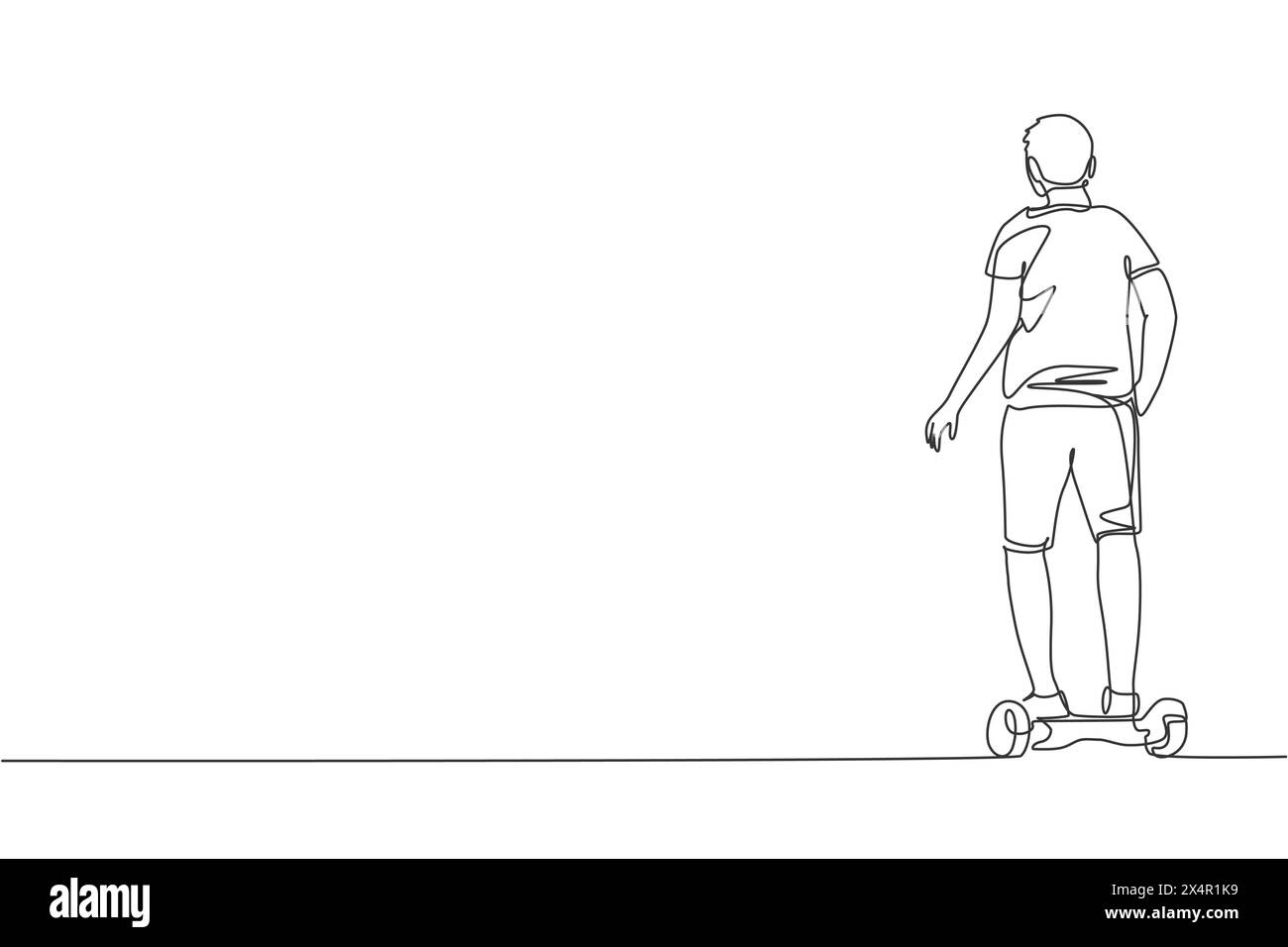 One continuous line drawing young happy man stand and ride hoverboard ...