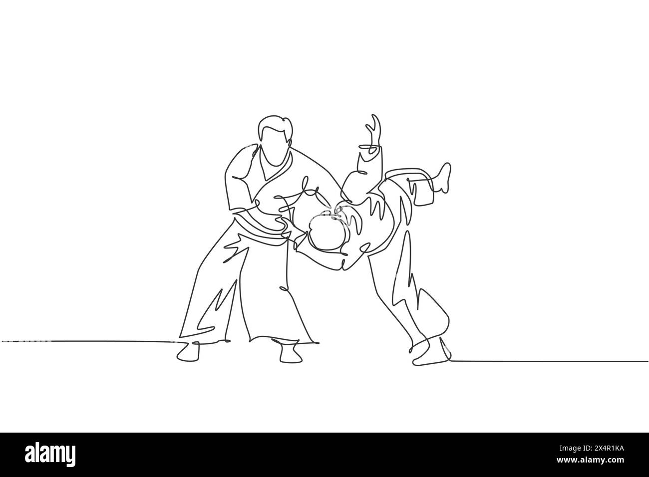 One continuous line drawing young man aikido fighter practice fighting ...