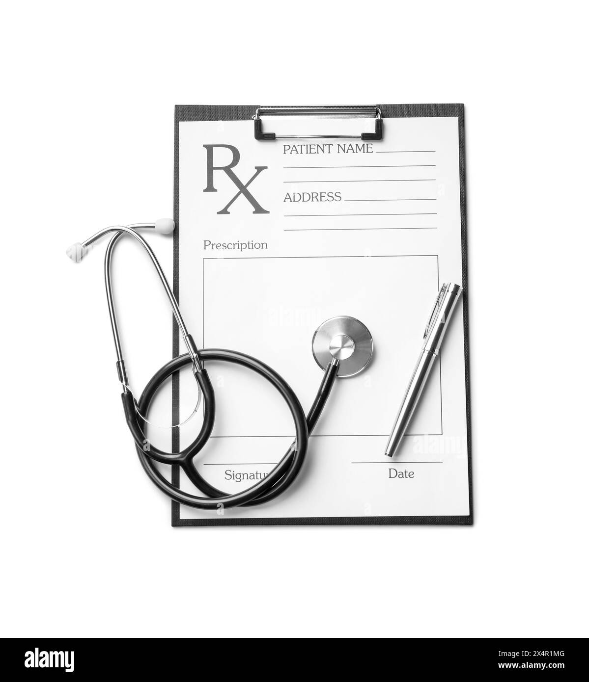 Clipboard with medical prescription form, pen and stethoscope on white ...