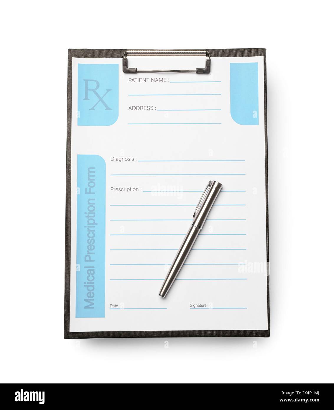 Clipboard with medical prescription form and pen isolated on white, top ...