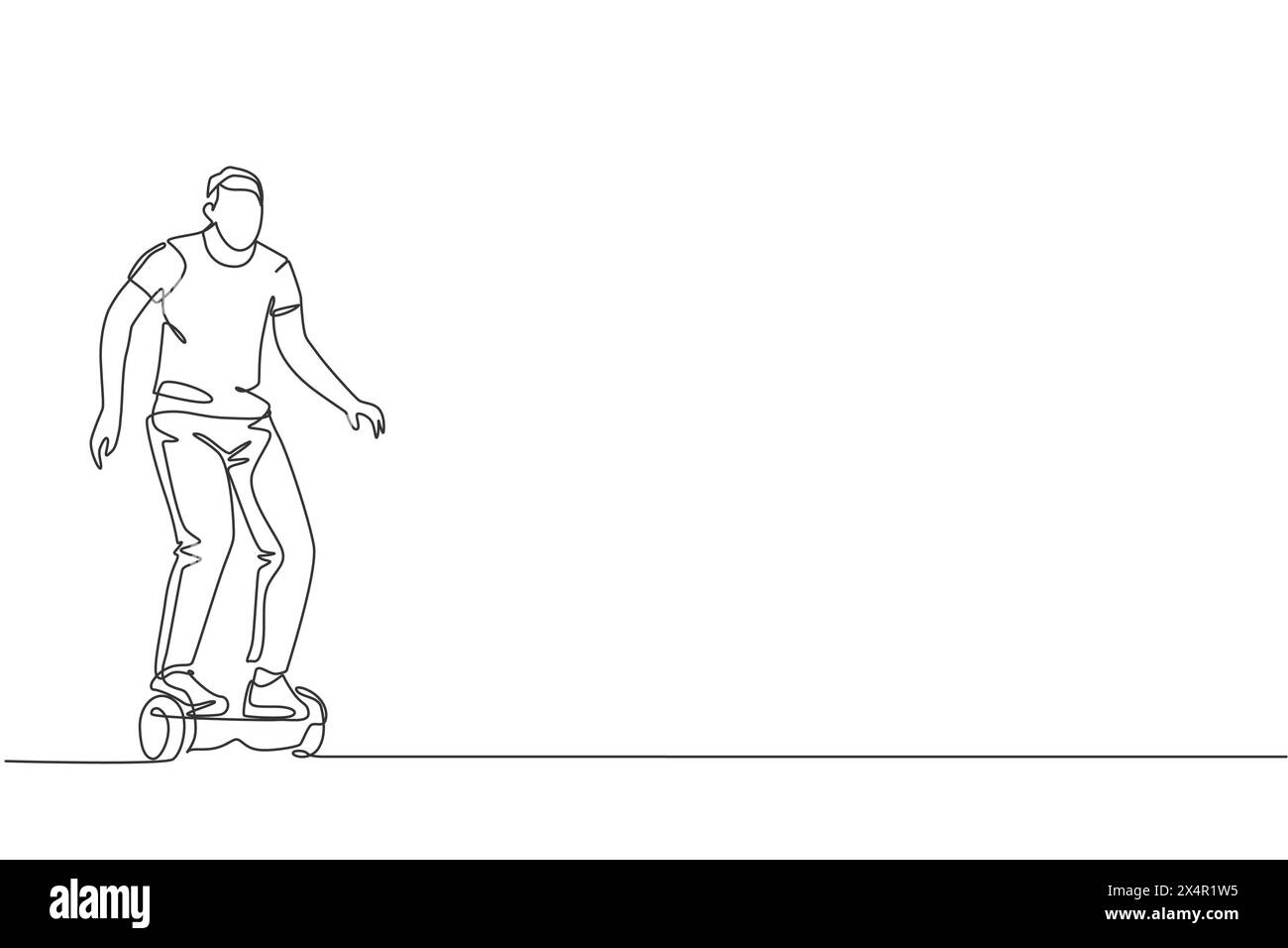 One single line drawing of young energetic man riding hoverboard at city park vector ...