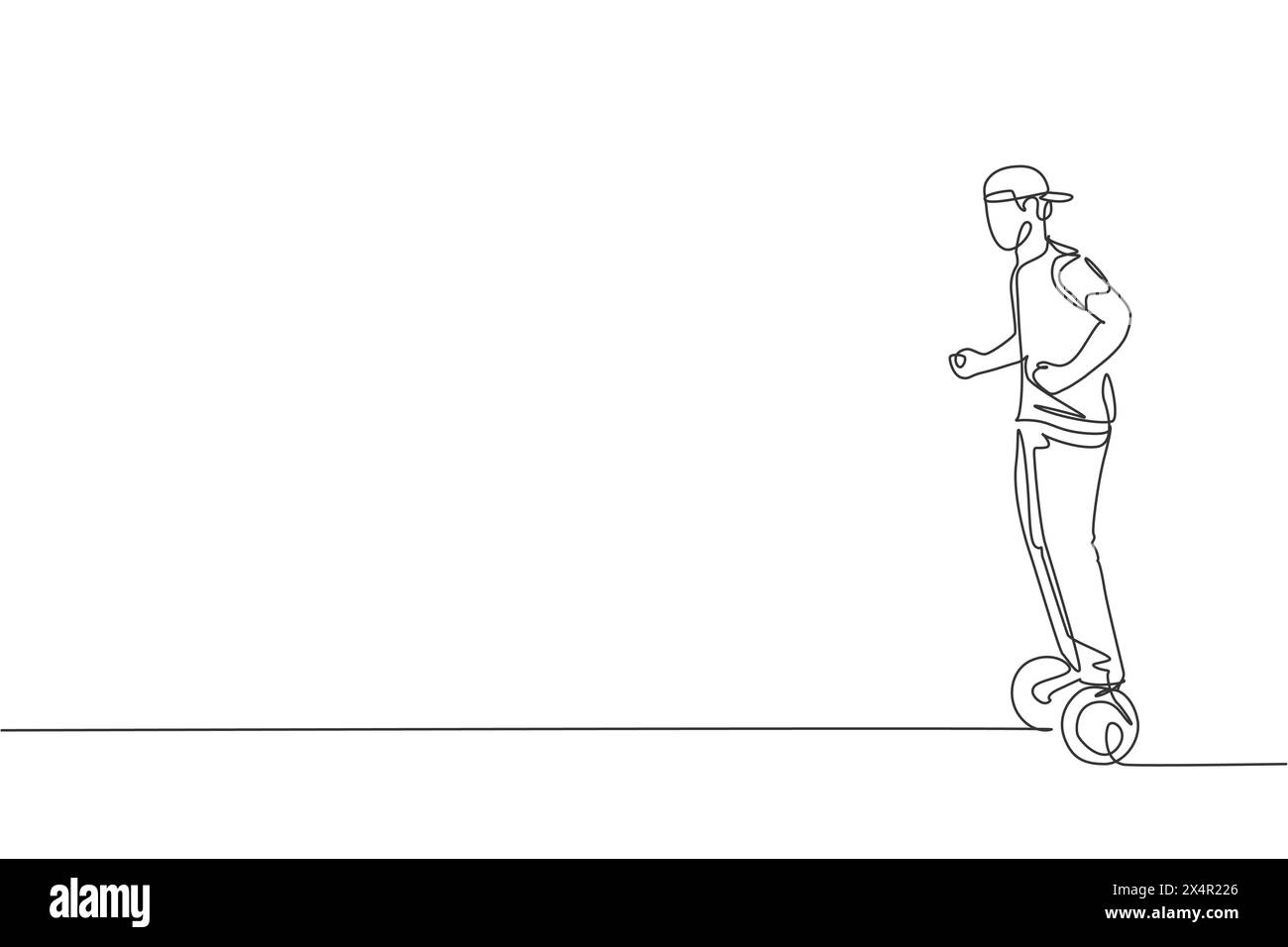 One single line drawing of young energetic man riding hoverboard at ...