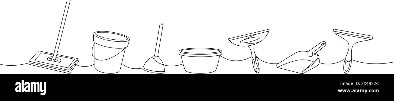 Cleaning tools one line continuous drawing. Floor mop, bucket, plunger ...