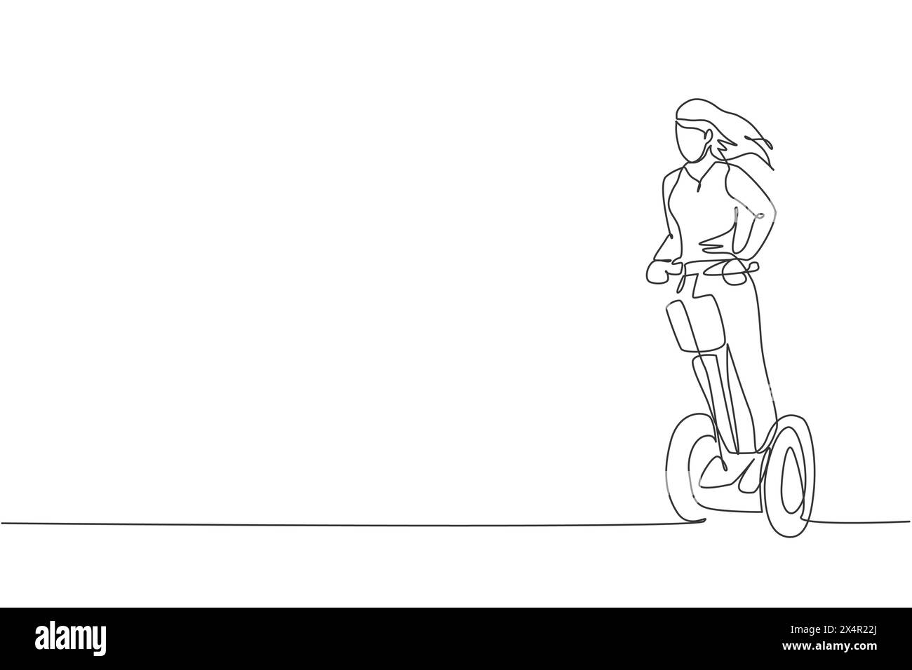 One single line drawing of young energetic woman riding electric kick scooter at city park ...