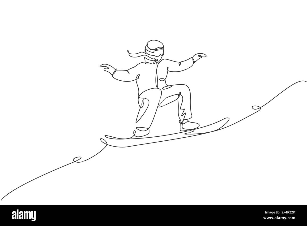 One single line drawing of young energetic snowboarder woman ride fast ...
