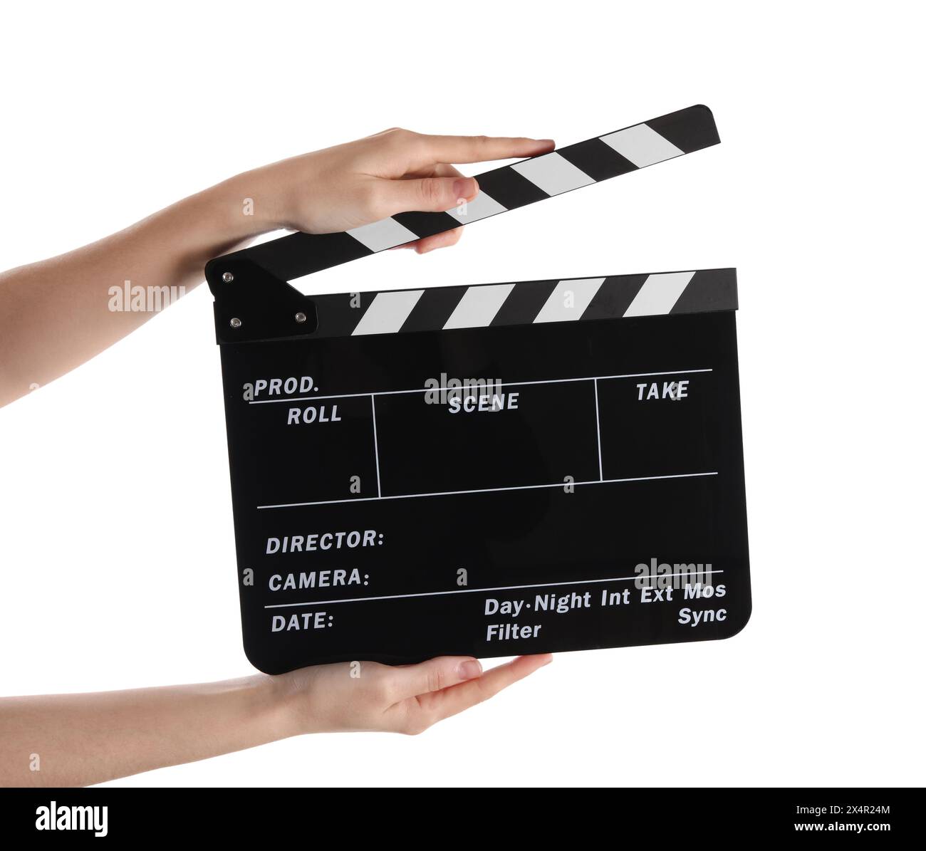 Woman holding movie clapper on white background, closeup Stock Photo ...