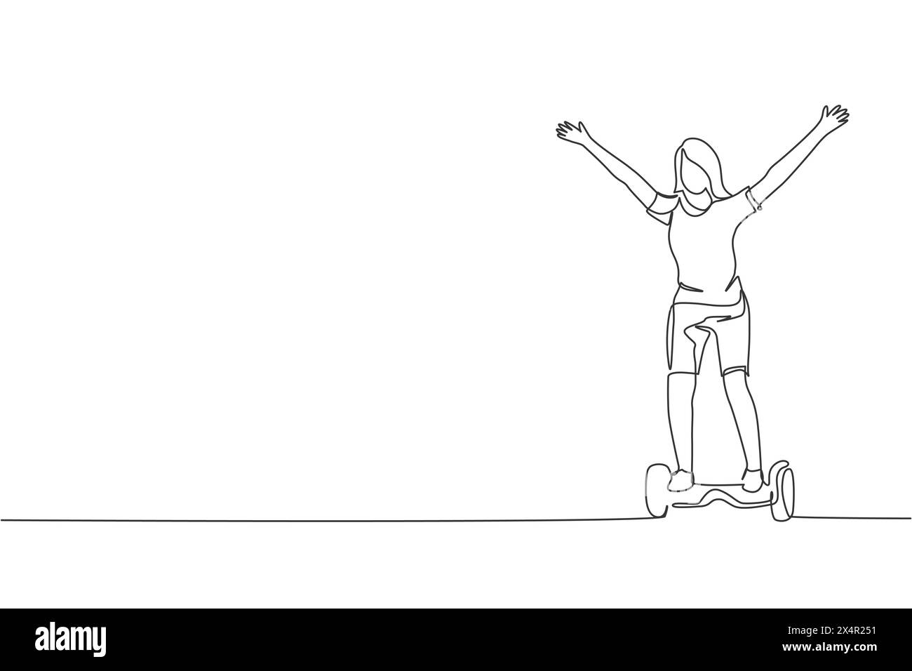 One continuous line drawing of young happy woman stand and ride ...
