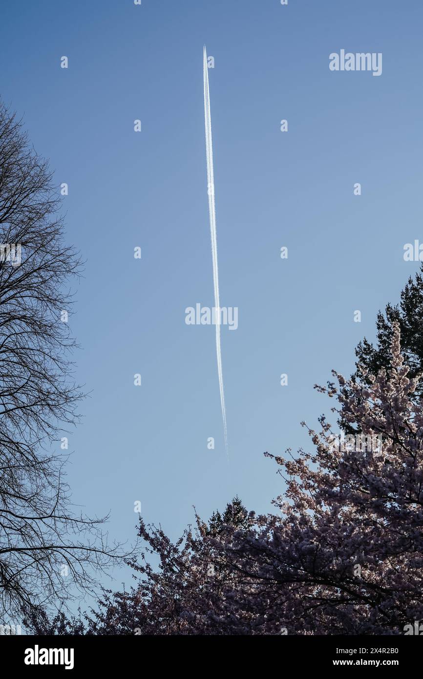 A jet flying up into the sky leaving white streaks Stock Photo - Alamy