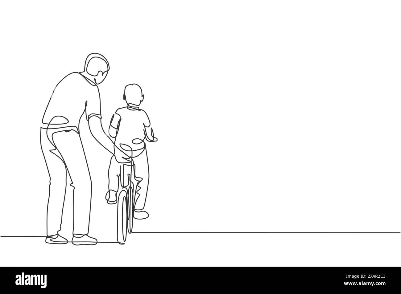 One single line drawing of young father teaching his son riding bicycle ...