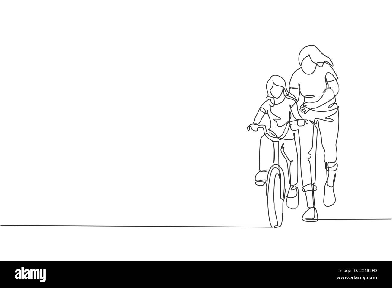 One continuous line drawing of young mother help her daughter learning ...