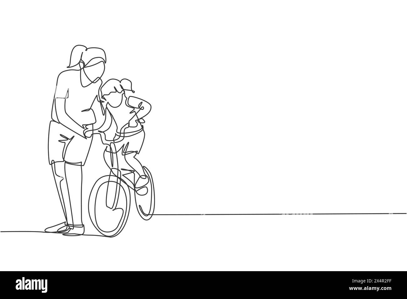 One continuous line drawing of young mother help her daughter learning ...