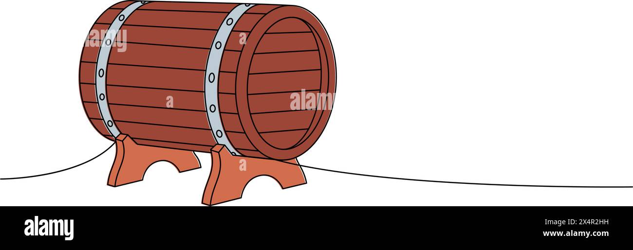 Wooden barrel, old cask one line colored continuous drawing. Beer pub ...