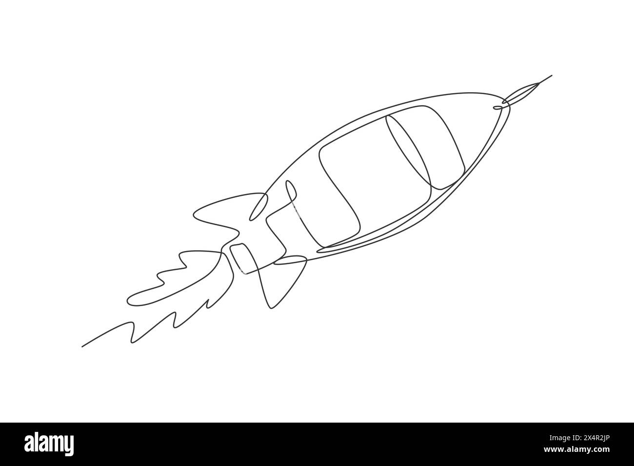 One single line drawing of simple vintage rocket takes off into the ...