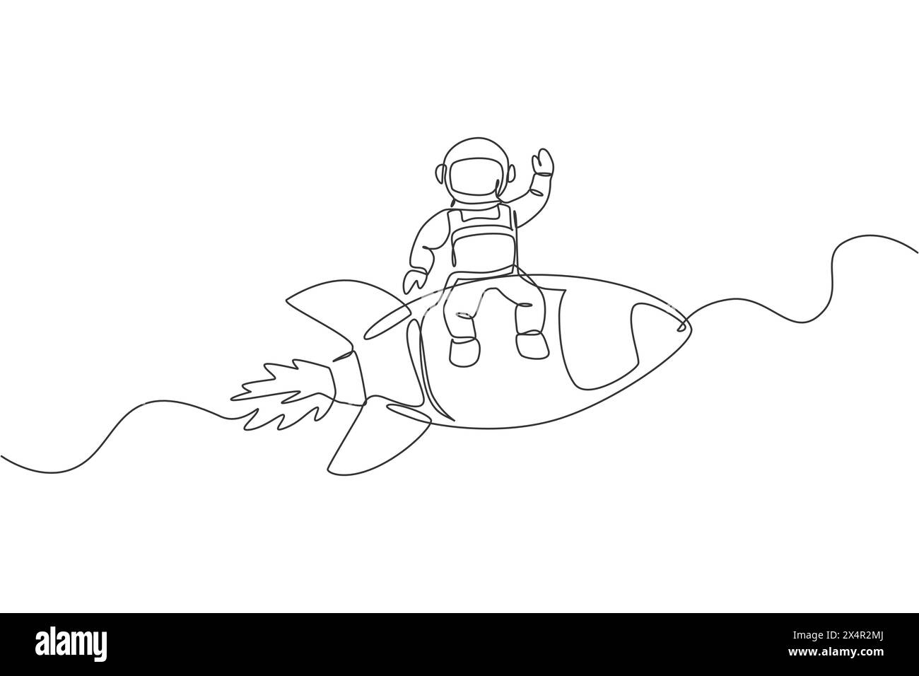 One continuous line drawing of spaceman astronaut waving hand and sit ...