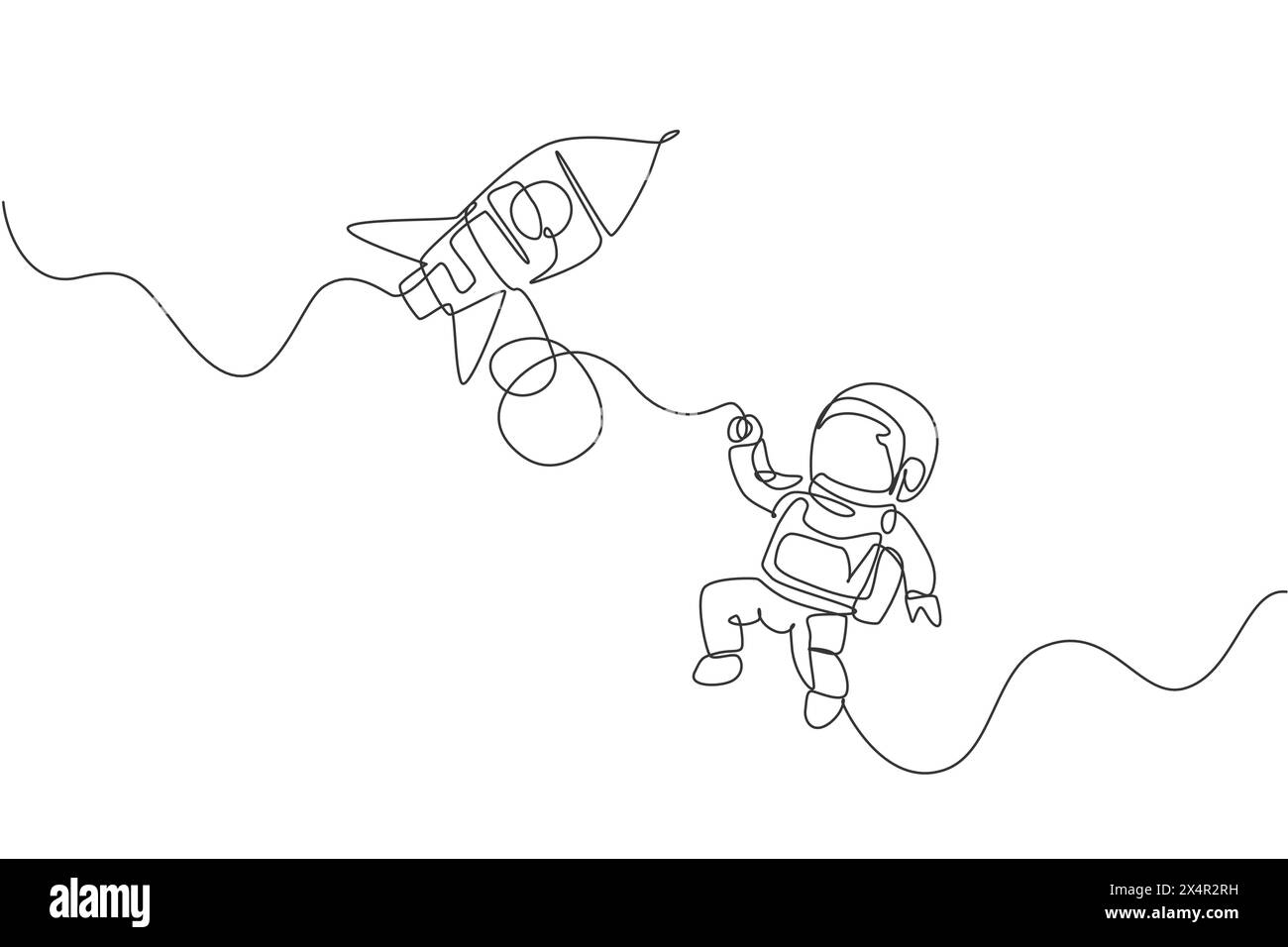 One single line drawing of astronaut in spacesuit floating and ...
