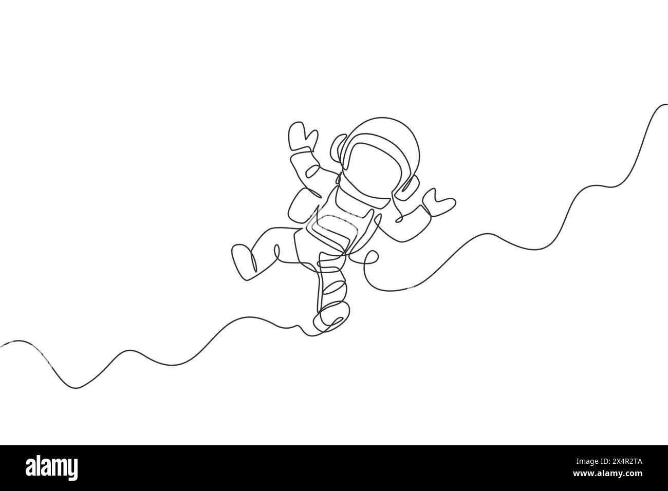 One continuous line drawing of young astronaut scientist exploring ...