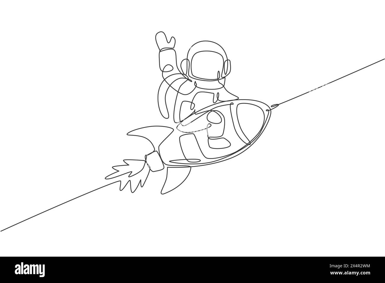One single line drawing of astronaut in spacesuit floating and ...