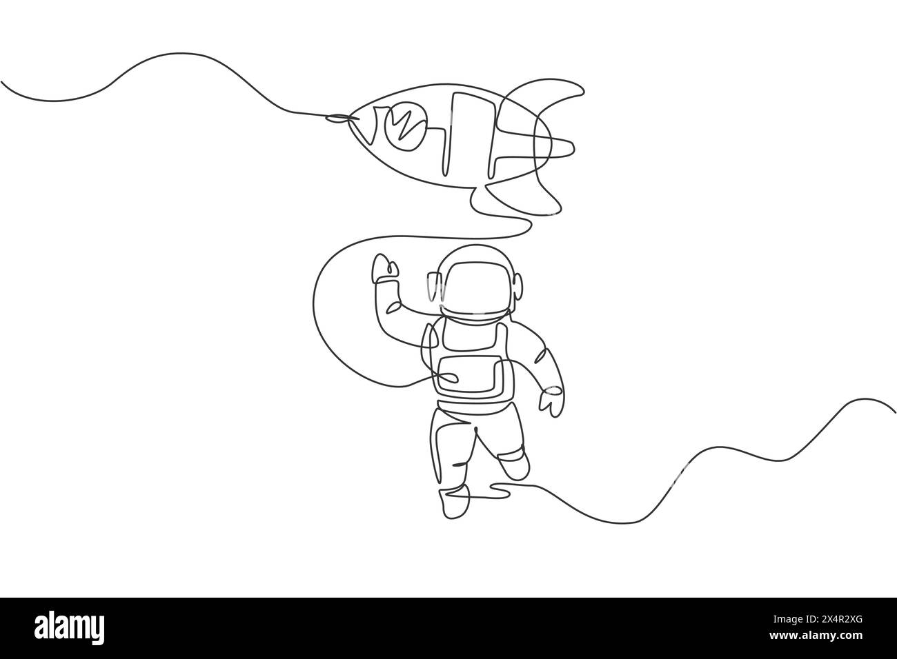 One single line drawing of astronaut in spacesuit waving hand and ...