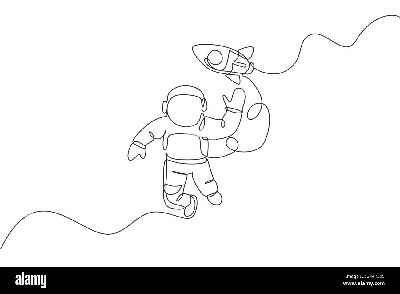 One continuous line drawing of waving hand spaceman astronaut science ...
