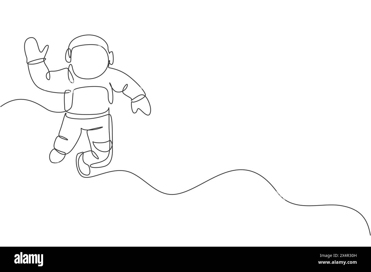 One single line drawing of young astronaut in spacesuit flying at outer ...