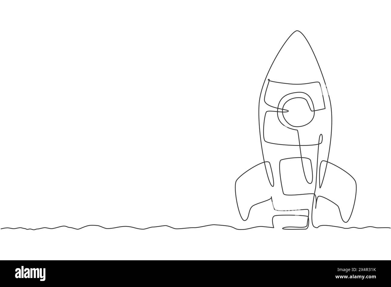 Single continuous line drawing rocket launch fly into the sky universe ...
