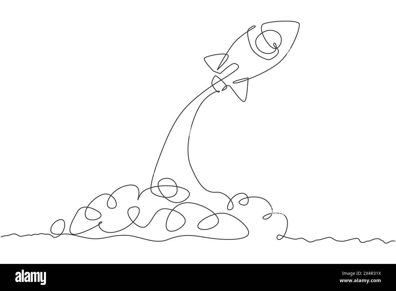 One single line drawing of simple vintage rocket takes off into the outer space vector graphic ...