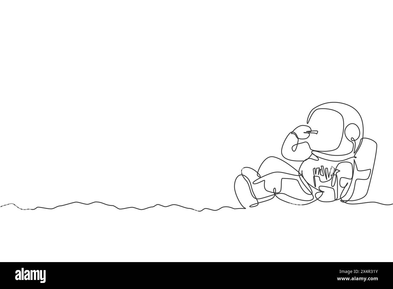 One continuous line drawing of cosmonaut laying relax on moon surface ...