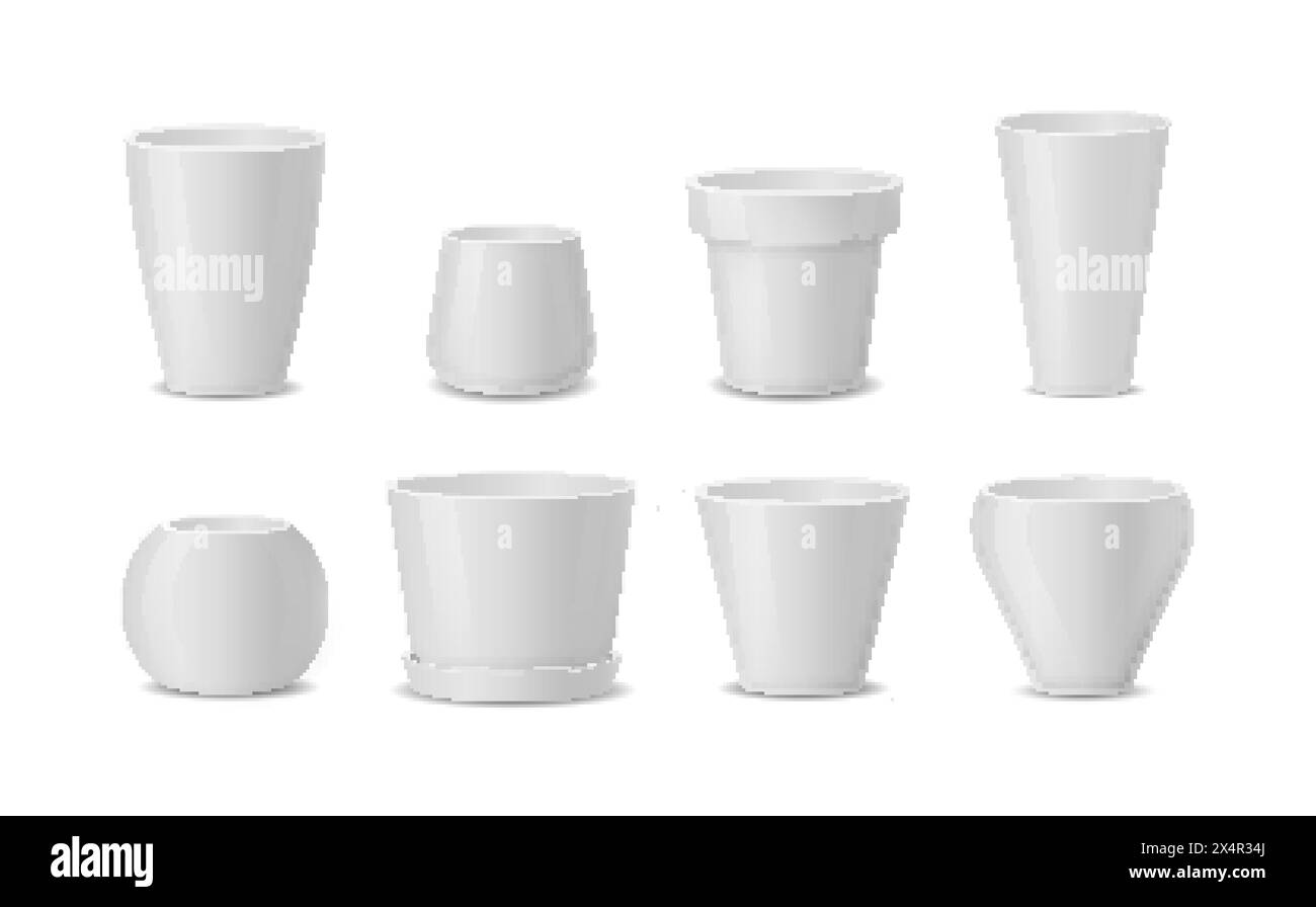 Set of realistic white ceramic flower pots isolated on white background ...